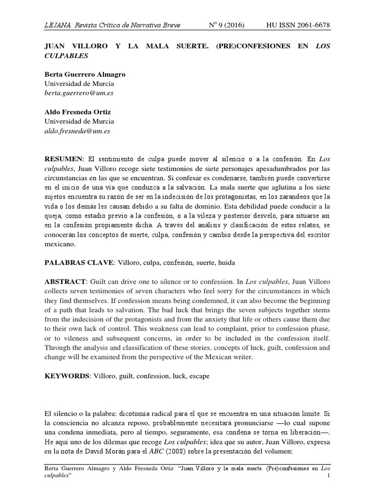 Juan Villoro y La Mala Suerte. (Pre) Confesiones en Los Culpables | PDF | Cuentos | Perdón