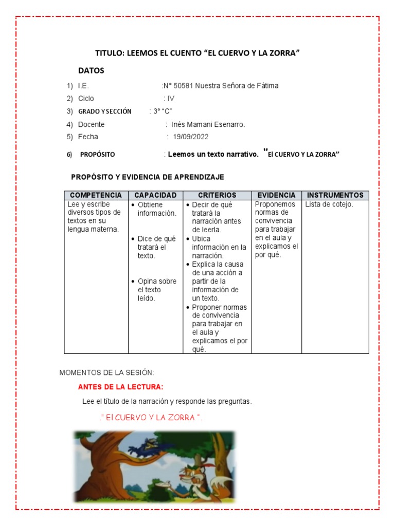 Sesion de Compren Lectura El Cuervo y La Zorra | PDF