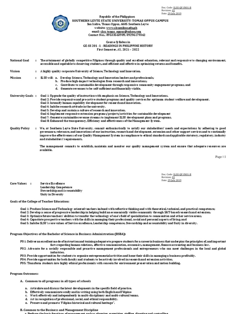 BSBA Syllabus (2021-2022) Final | PDF | Entrepreneurship | Corporate Social Responsibility