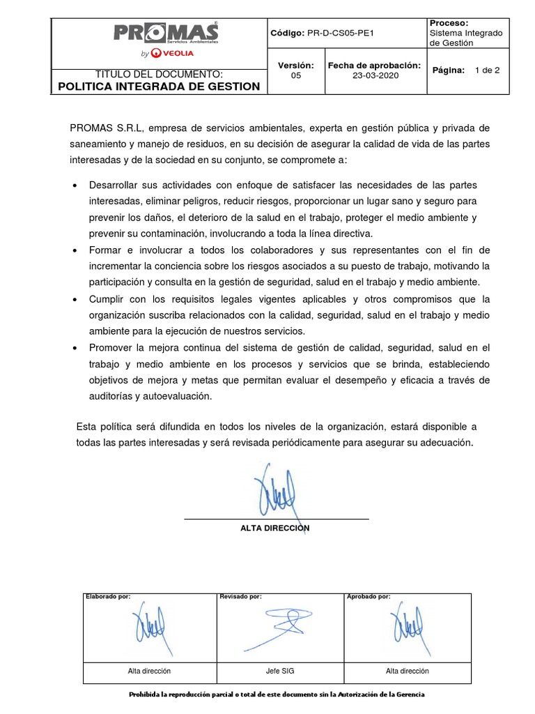 Pr-D-Cs05-Pe1-05 Política Integrada de Gestion-1 | PDF | Calidad (comercial) | Valores