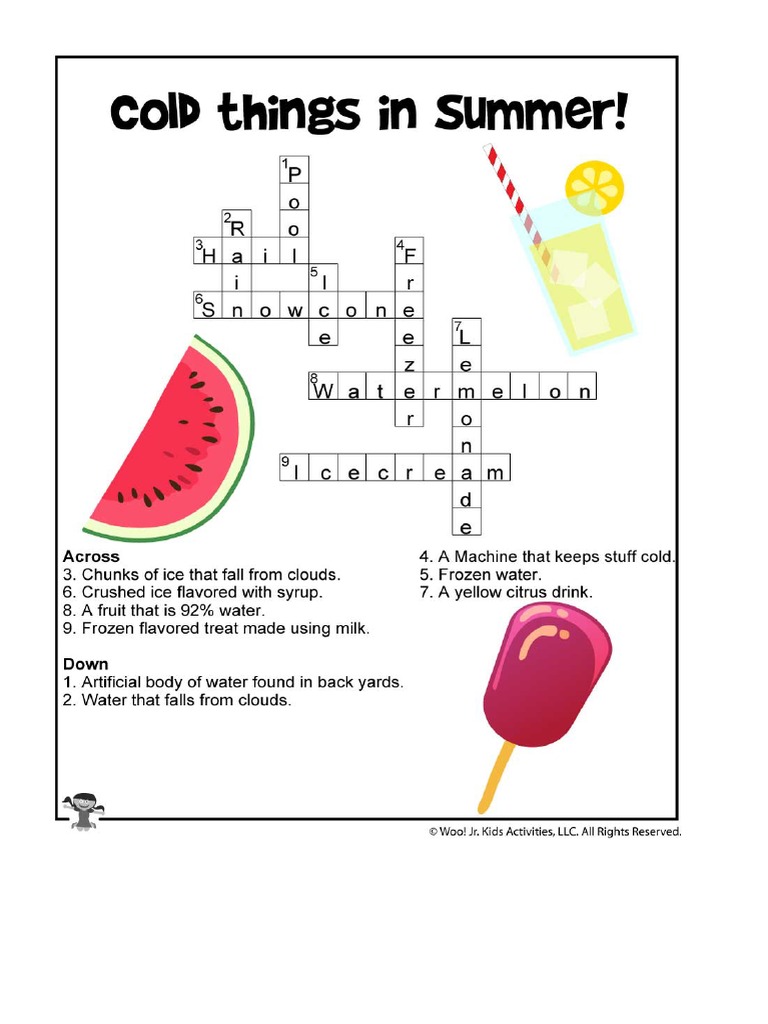 Cold Summer Things Crossword For Children - ANSWER KEY - Woo! Jr. Kids ...