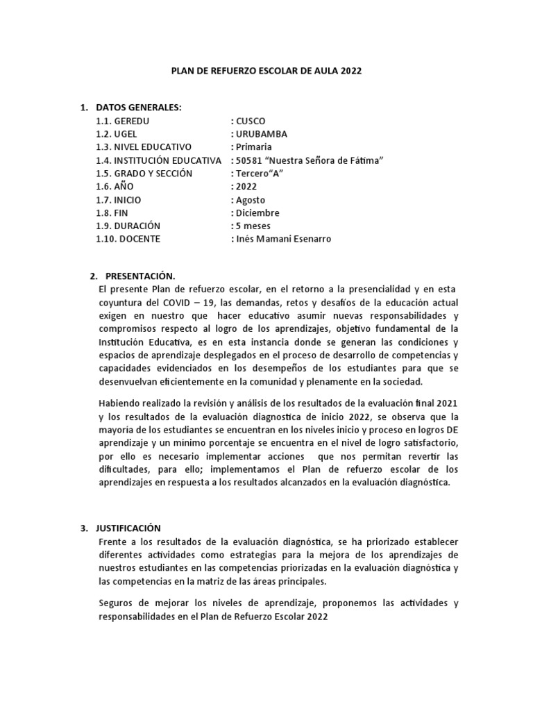 Plan de Refuerzo Escolar de Aula4-1 | PDF | Evaluación | Aprendizaje