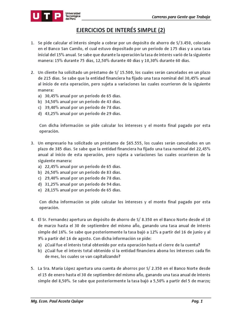 Semana 02 - Ejercicios de Interes Simple 02 - TAREA 26-06 | PDF | Interés | Bancos