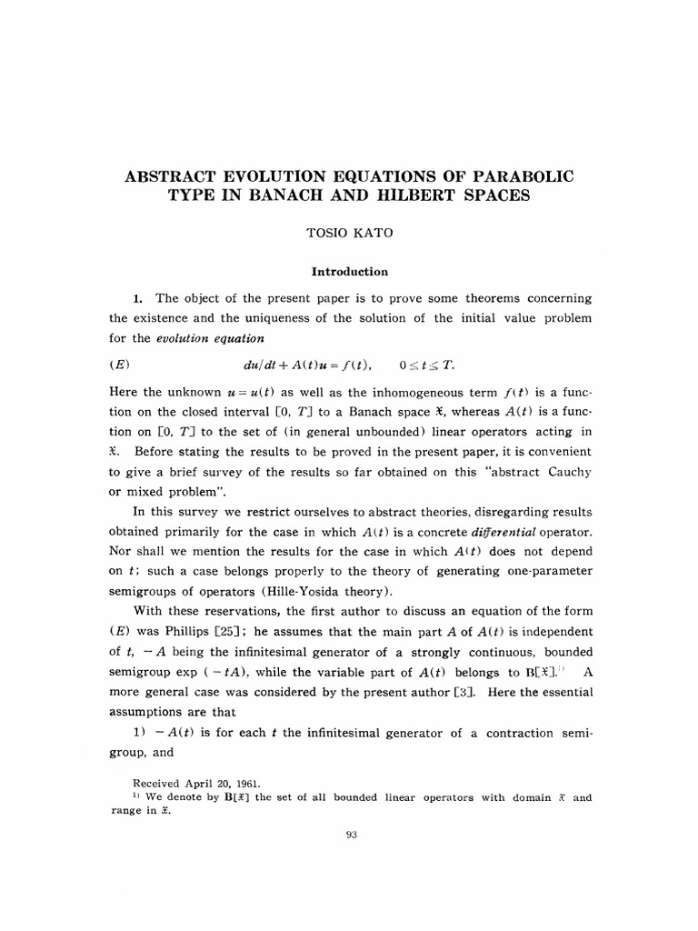 Abstract Evolution Equations of Parabolic Type in Banach and Hilbert Spaces, Tosio Kato | PDF ...