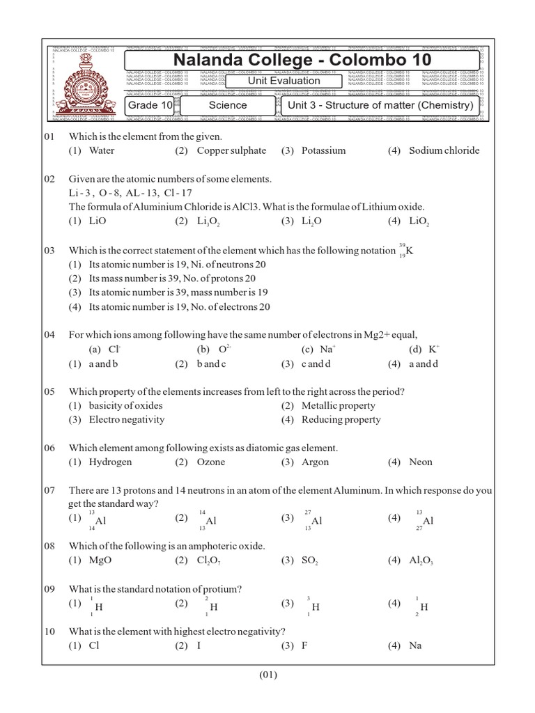 Grade 10 Science Unit 3 Eng | PDF | Chemical Elements | Atoms