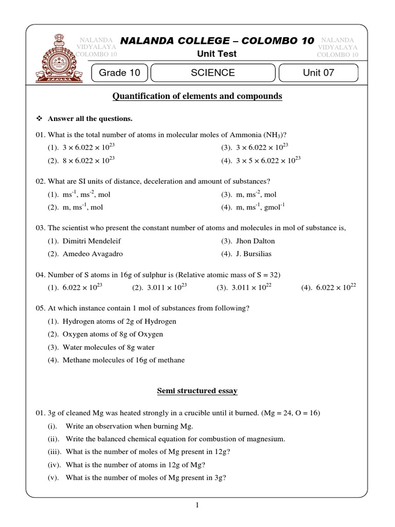 Grade 10 Science Unit 7 Eng. | PDF | Mole (Unit) | Magnesium