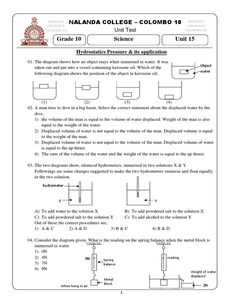 Grade 10 Science Unit 15 Test Paper | PDF | Pressure | Water