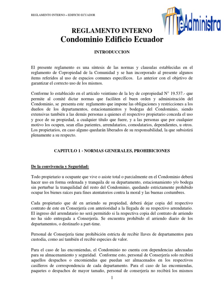 REGLAMENTO INTERNO Condominio Edificio Ecuador | Descargar gratis PDF | Condominio | Multa (pena)
