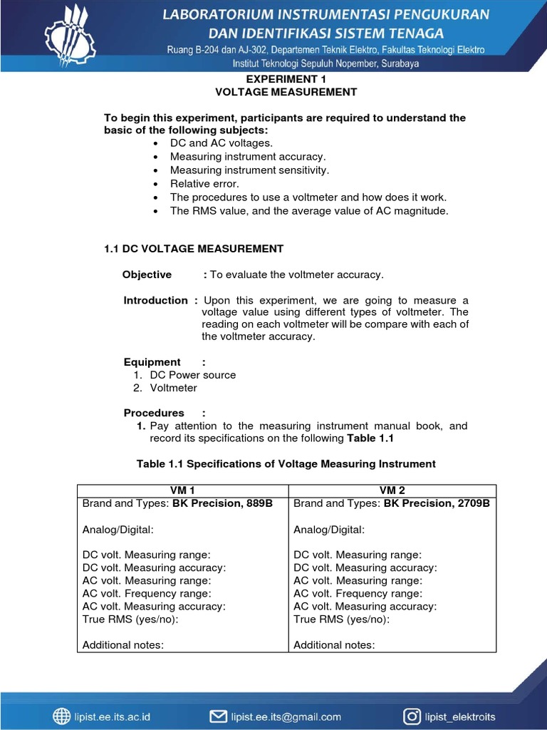 Experiment 1 - Voltage Measurement | PDF | Voltage | Alternating Current