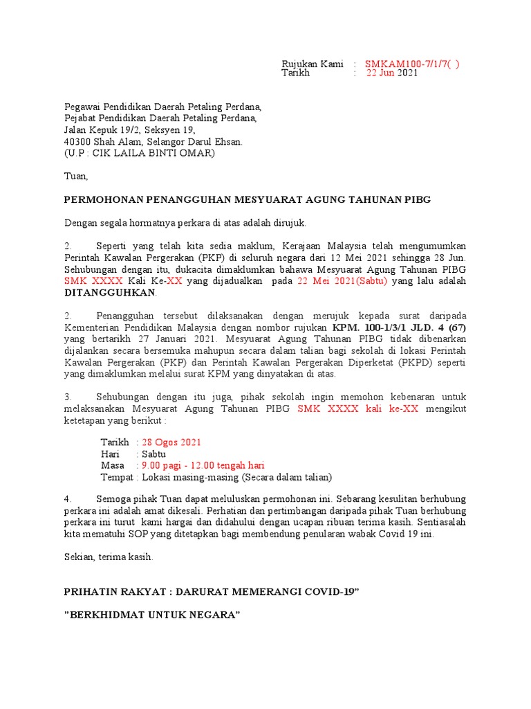 Contoh Surat Permohonan Penangguhan AGM PIBG | PDF