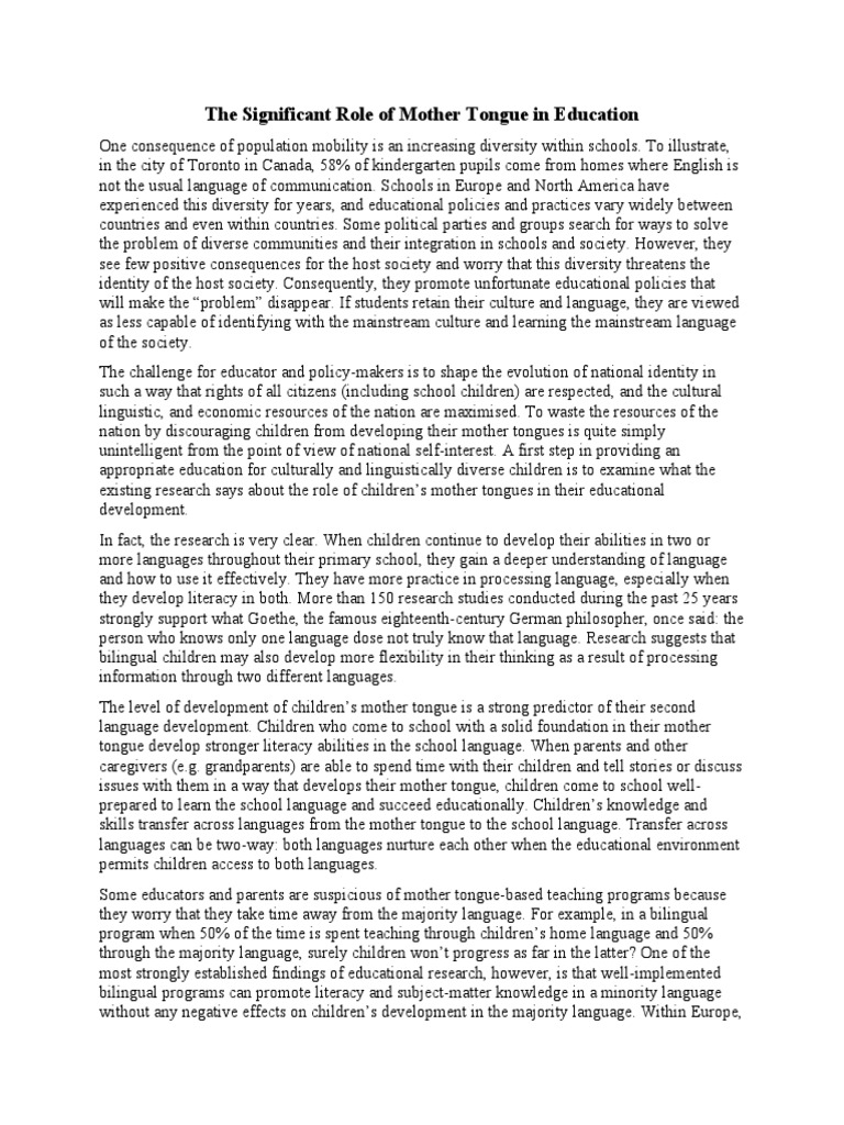 The Significant Role of Mother Tongue in Education | PDF ...