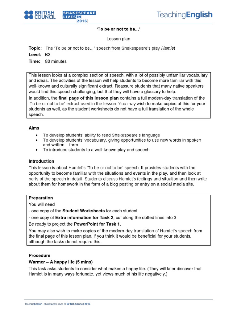 To Be or Not To Be Lesson Plan | PDF | Hamlet