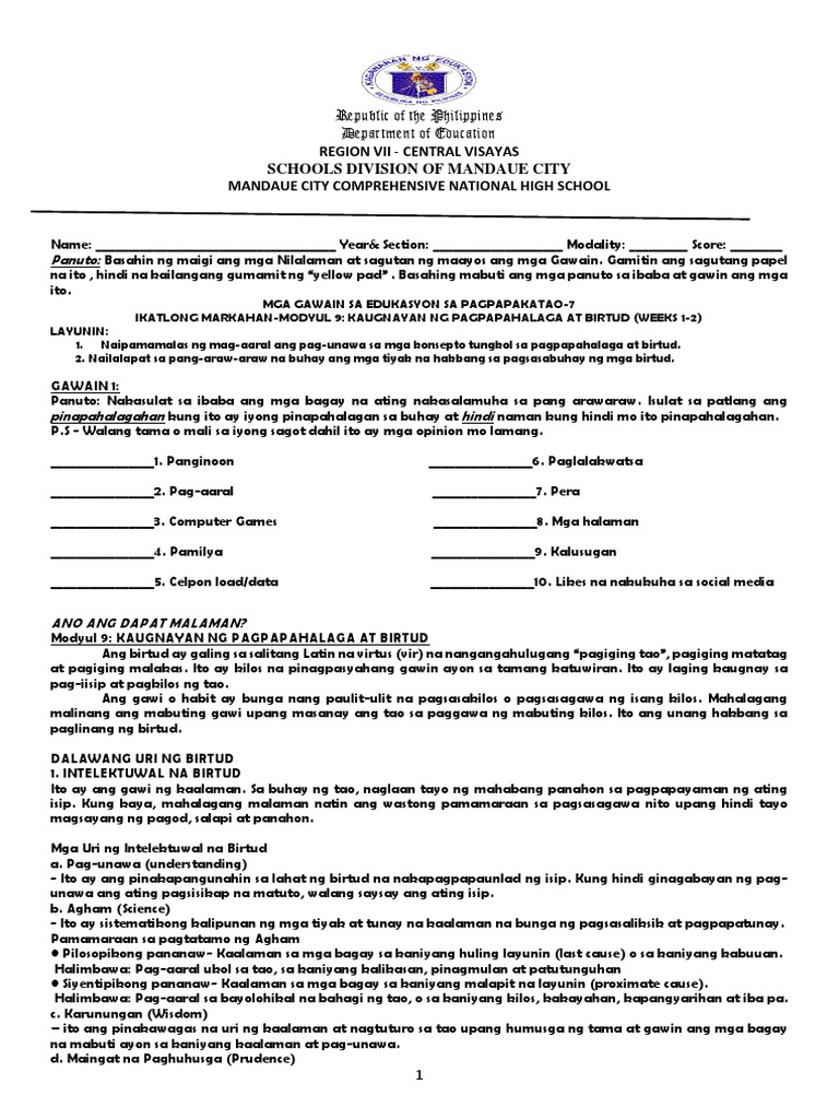 EsP 7 Q3 Module 9 Activity Sheet W1 2 | PDF
