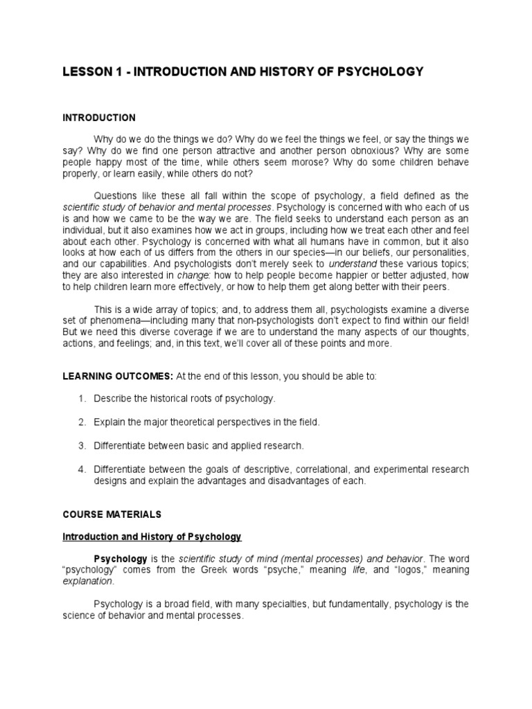 Lesson 1 Introduction To Psychology | PDF | Psychology | Experiment