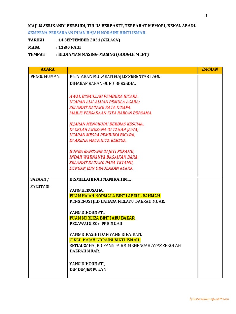 Teks Acara Majlis Cikgu Hajah Noraini Binti Ismail Sept 2021 | PDF