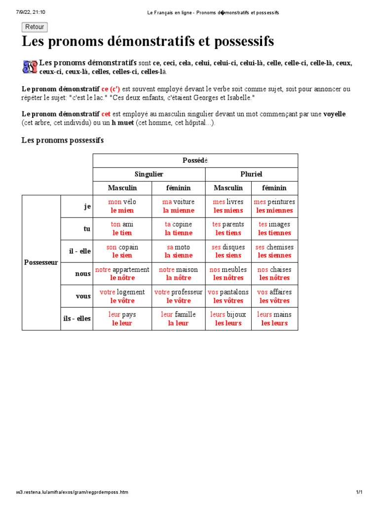 Pronoms démonstratifs et possessifs en français | PDF | Pronom | Genre ...