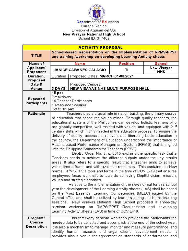 RPMS-PPST Training Workshop Proposal | PDF | Teaching Method | Learning
