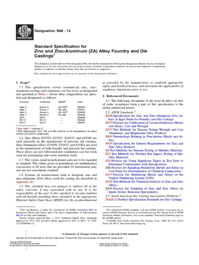 ASTM B 86-13 (Standard Specification For Zinc and Zinc-Aluminum (ZA ...