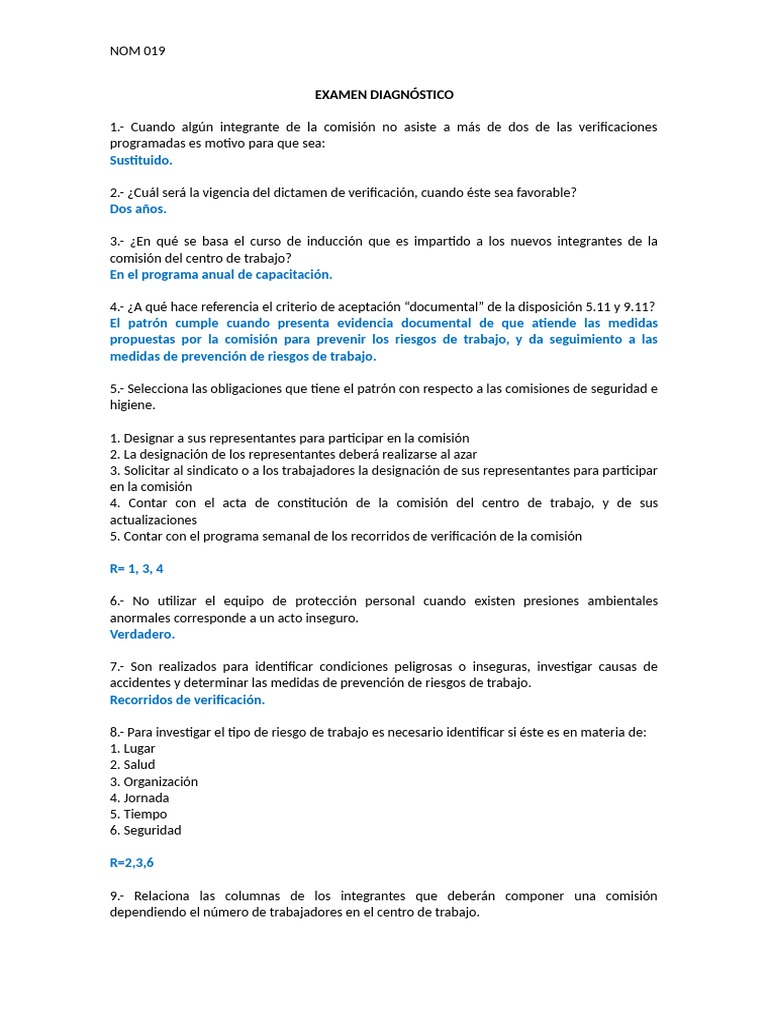 Examenes Nom 019 de Procadist | PDF | Ciencias de la Salud