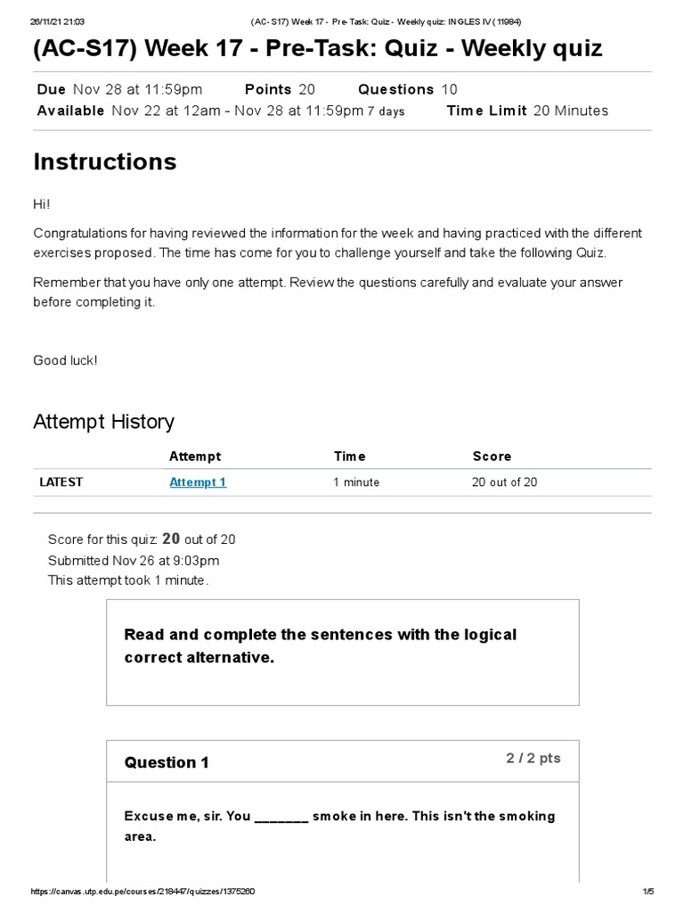 (AC-S17) Week 17 - Pre-Task - Quiz - Weekly Quiz - INGLES IV (11984) | PDF