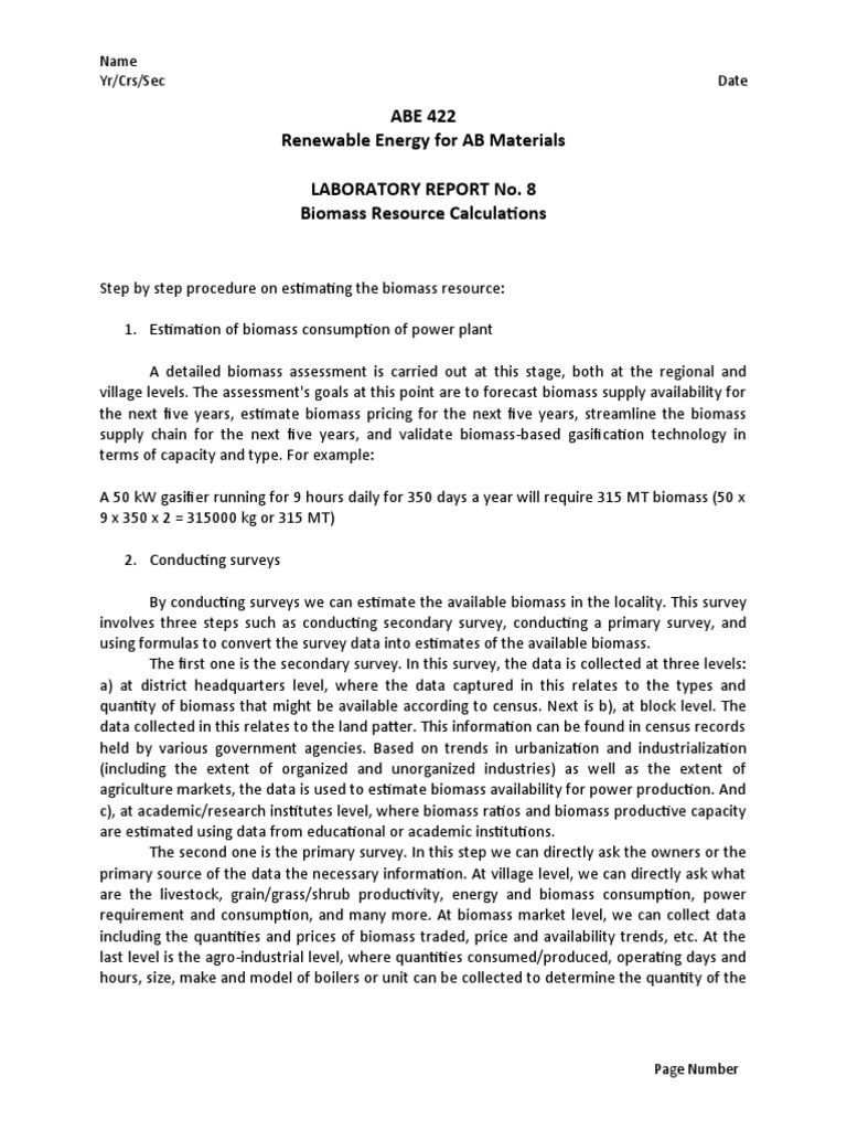 Lab Exe No. 8 - Biomass Resource Calculations | PDF | Biomass ...