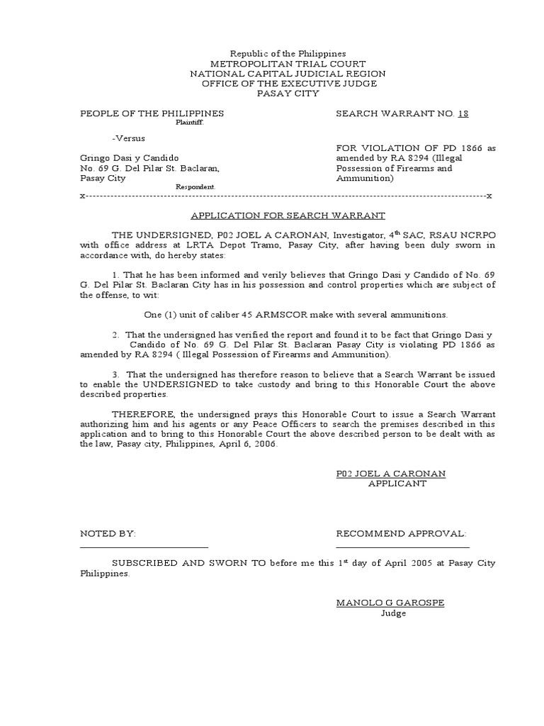 Application For Search Warrant | PDF | Search Warrant | Justice