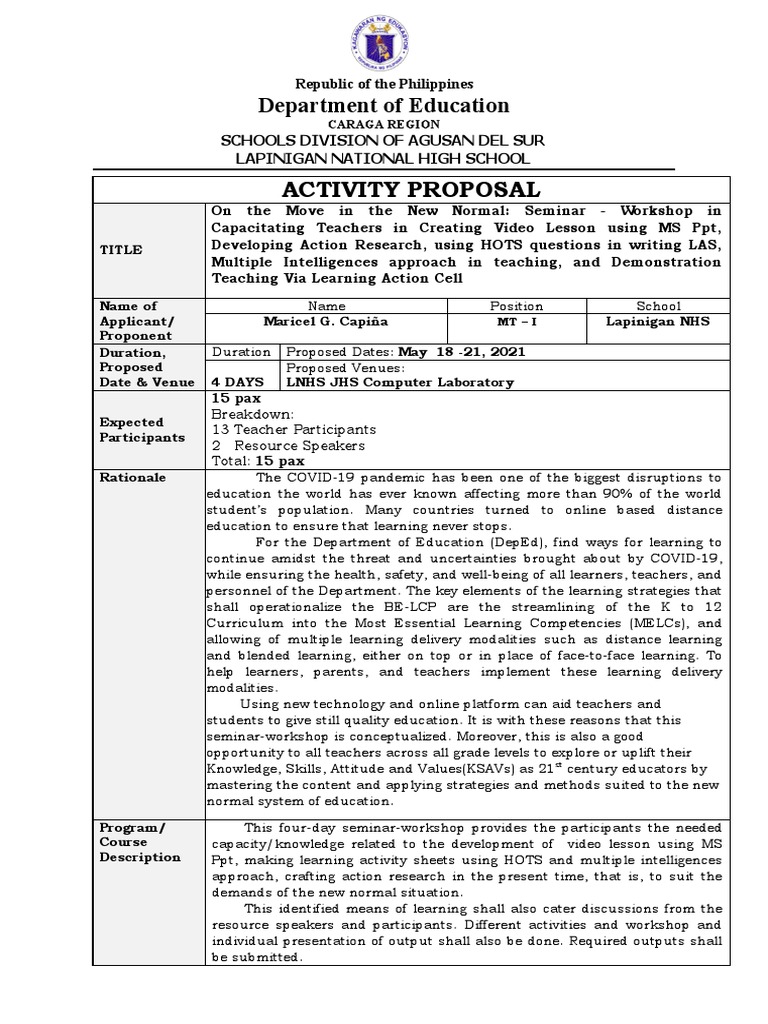 Activity Proposal For Capacity Building For TeachersLNHS 2021 | PDF | Teaching Method | Teachers