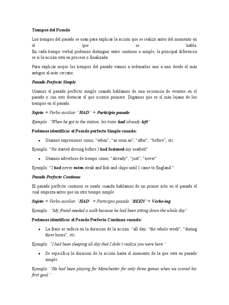 Tiempos Del Pasado | Descargar gratis PDF | Verbo | Asunto (gramática)