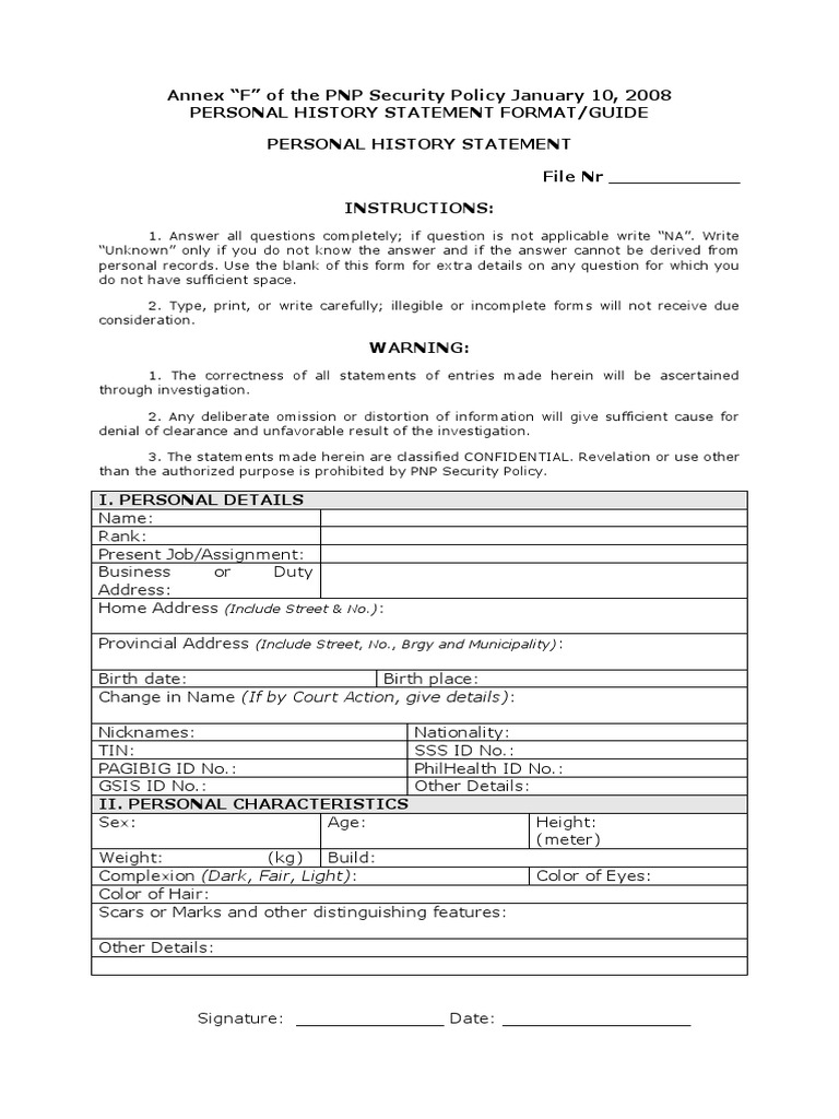 PNP Personal History Statement Guide | PDF | Marriage