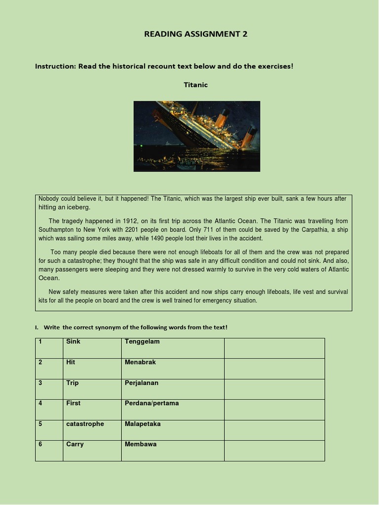 Reading Assignment - Titanic | PDF | Transport | Ocean Liners