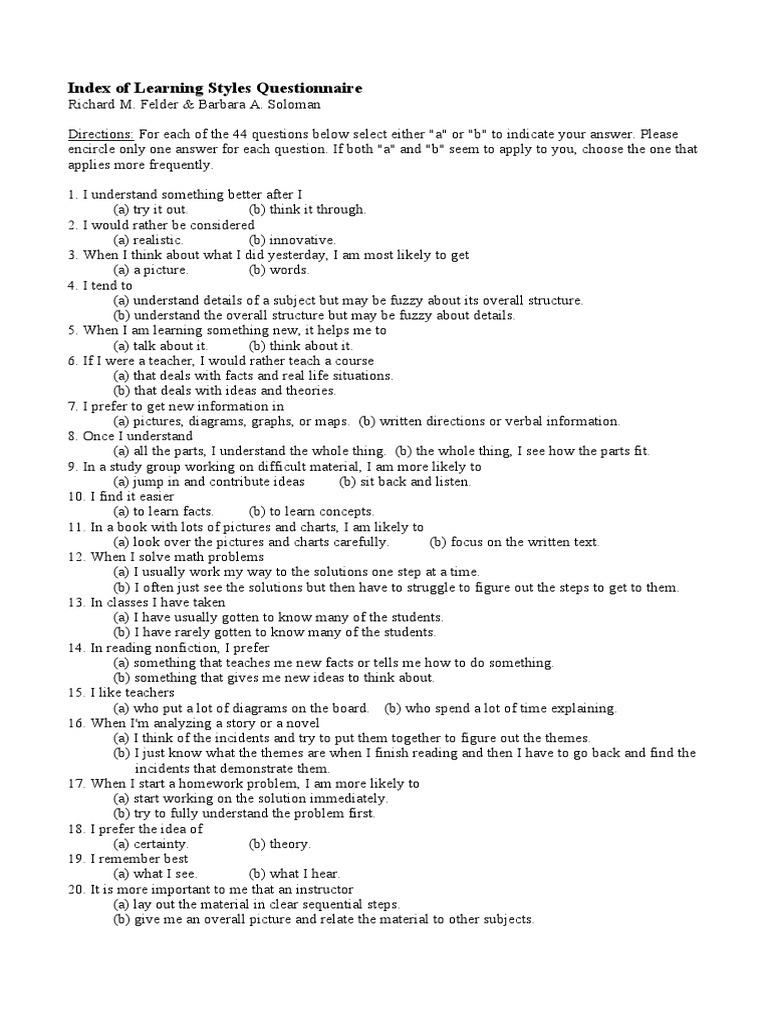 Index of Learning Styles Questionnaire | Download Free PDF | Learning Styles | Brainstorming