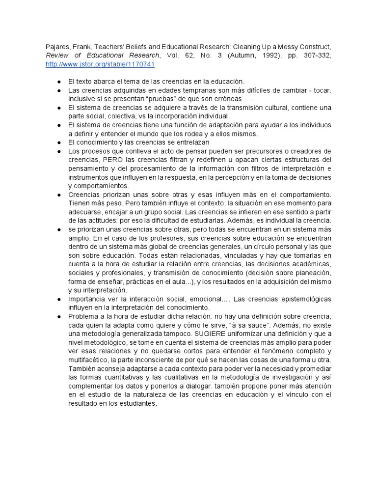 Resumen Pajares, Frank, Teachers' Beliefs and Educational Research ...