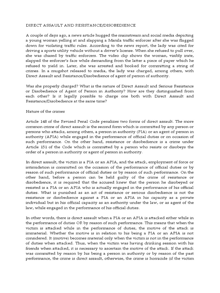 Direct Assault and Resistance | PDF | Assault | Crimes