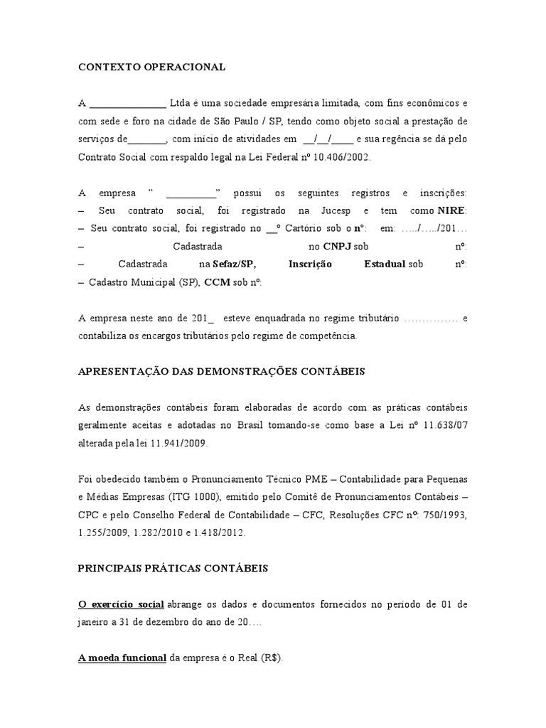 Modelo - Notas Explicativas | PDF | Contabilidade | Relatório anual