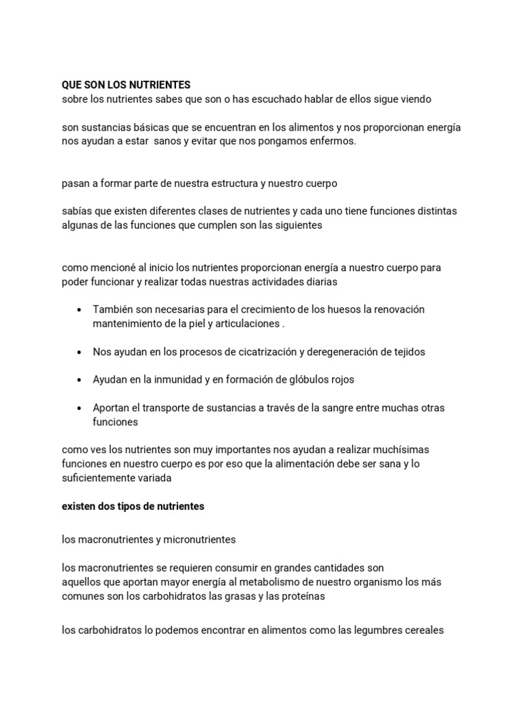 Importancia y Clasificación de Nutrientes | PDF | Nutrientes | Alimentos
