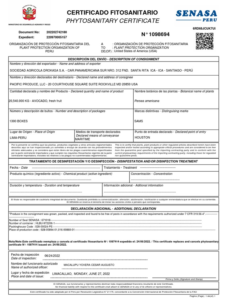 Certificado Fitosanitario Perú 2022 | PDF