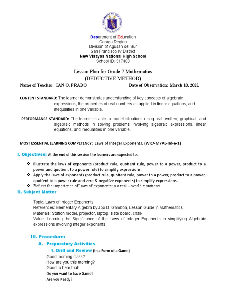Lesson Plan in Mathematics Laws of Exponents | PDF | Exponentiation ...