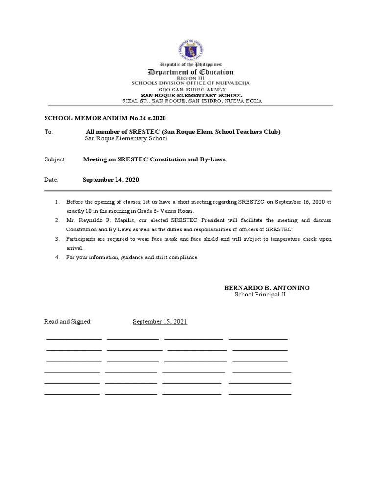 School Memo Attendance Sheet Report On Agenda Activity Completion ...