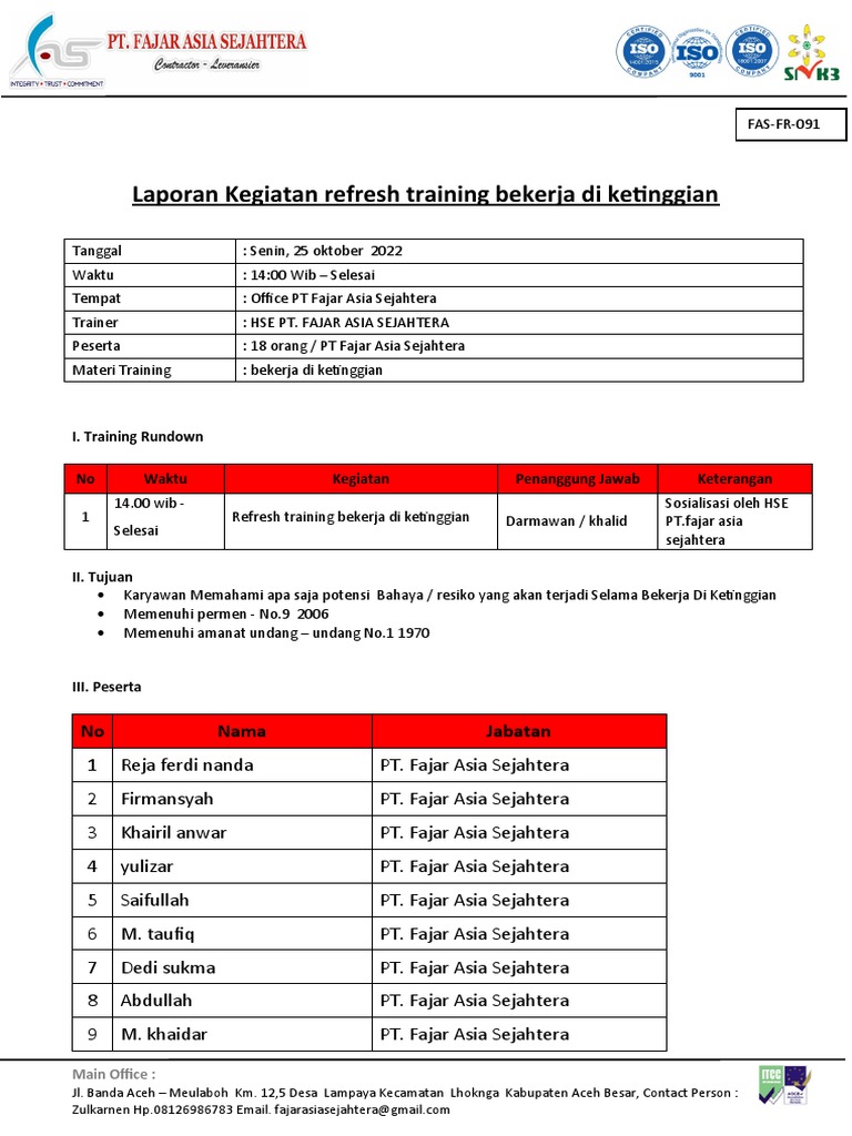 Laporan Refresh Training Bekerja Di Ketinggian | PDF