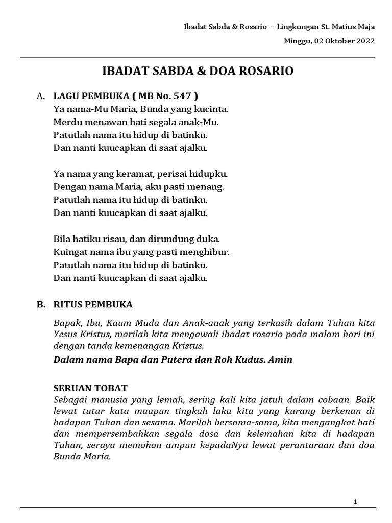 Ibadat Sabda & Doa Rosario (02 Okt 2022) | PDF