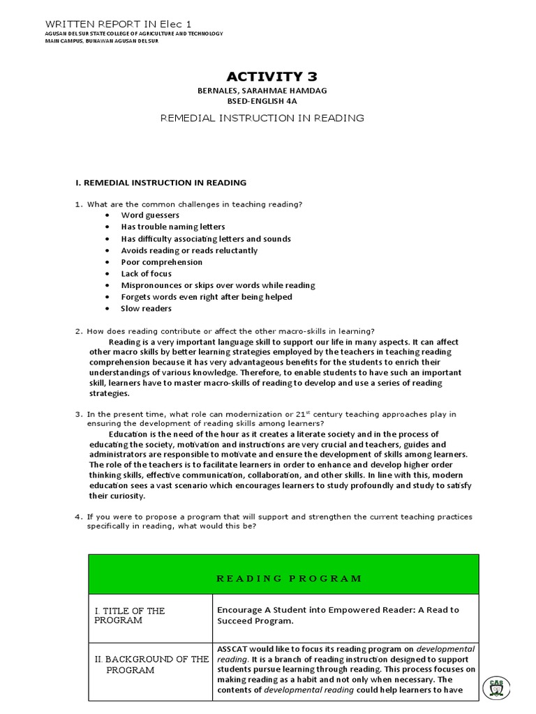 Remedial Instruction In Reading Pdf Learning Teaching Method