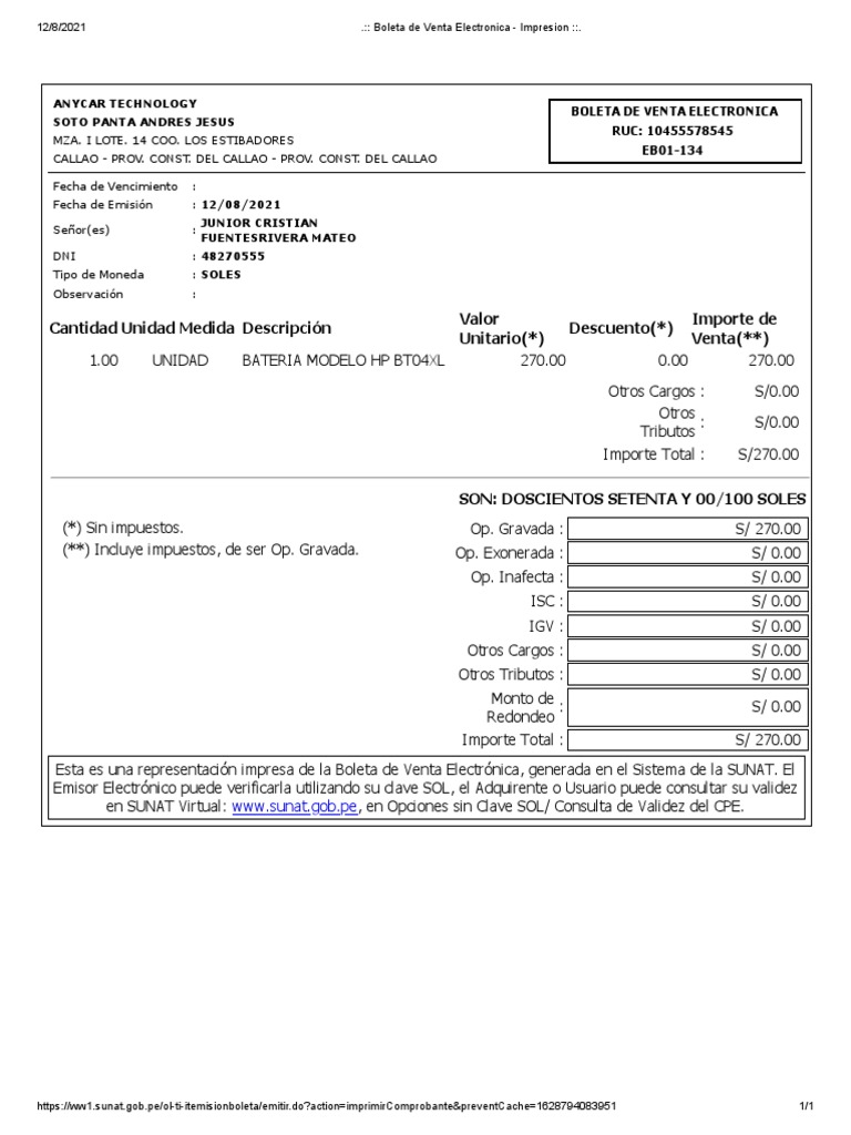 Boleta de Venta Electrónica SUNAT | PDF
