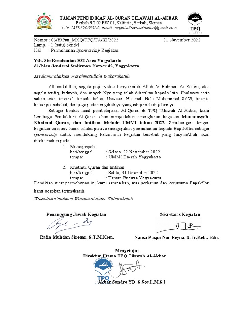 Surat Pengantar Proposal Sponsorship | PDF