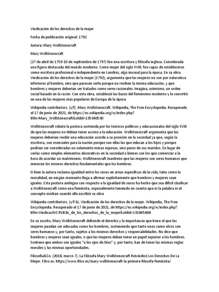 Vindicación de Los Derechos de La Mujer | PDF | Mary Wollstonecraft ...