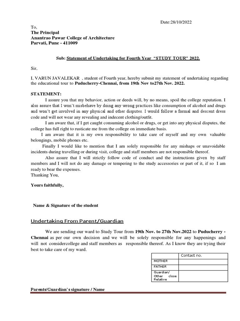 Undertaking For Study Tour | PDF