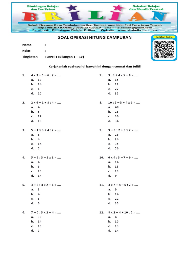 Soal Operasi Hitung Campuran Kelas 1 | PDF