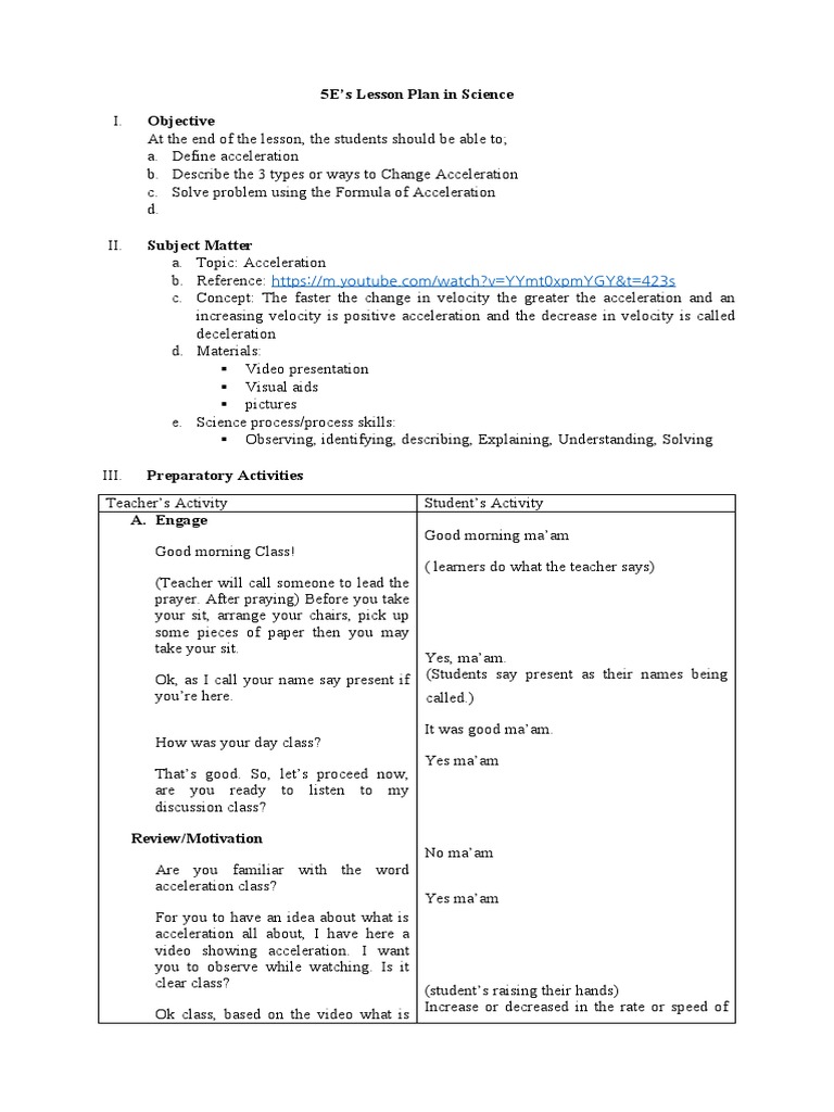 5e's Detailed Lesson Plan Educ-213 | PDF | Acceleration | Velocity