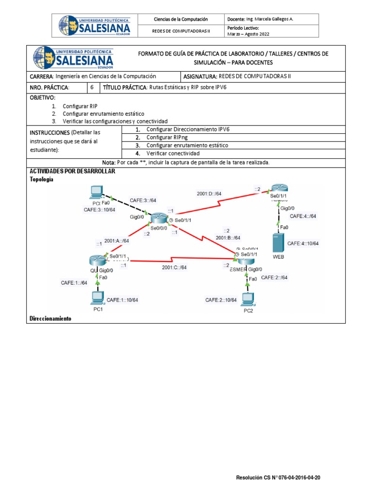 Práctica 6 - Rutas Estáticas y RIP Sobre IPV6 | PDF | Enrutador (Computación) | Protocolos de ...