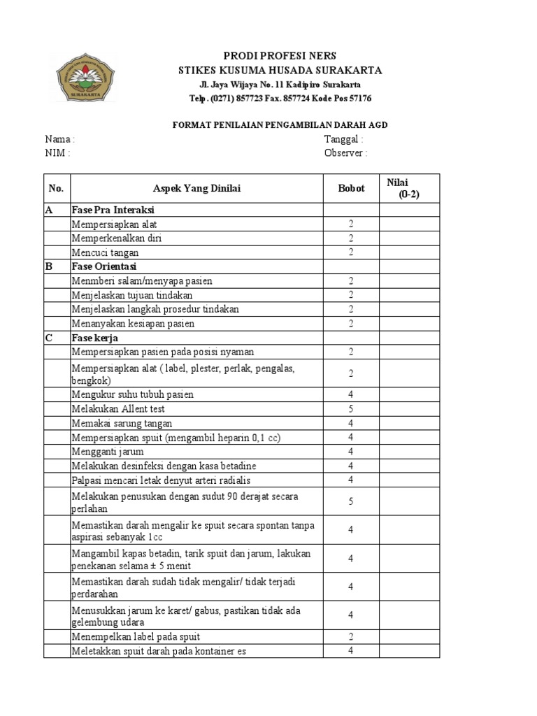 Format Penilaian Pengambilan Darah Agd | PDF