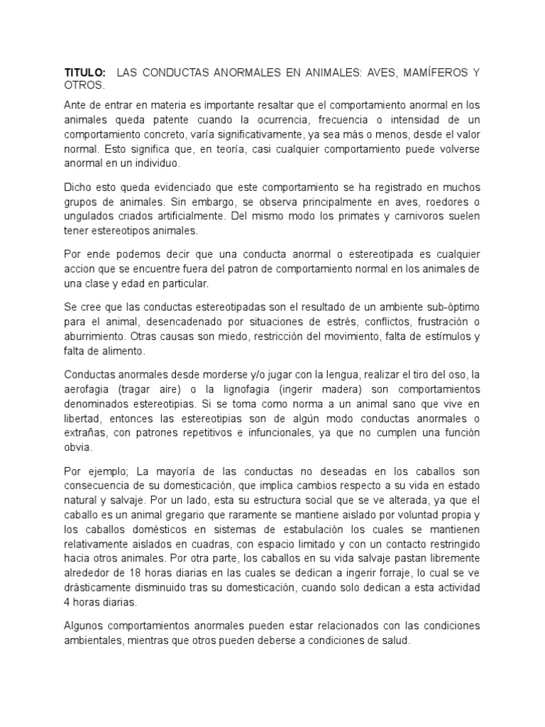 Las Conductas Anormales en Animales: Aves, Mamíferos y Otros. | PDF ...